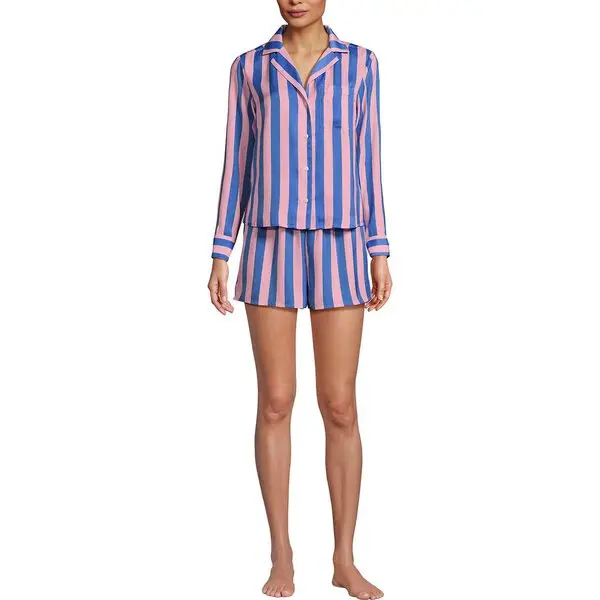 LANDS' END Matte Satin 2 Piece Pajama Setlong Sleeve Top And Shorts - Light Rose Pink/brisk Blue