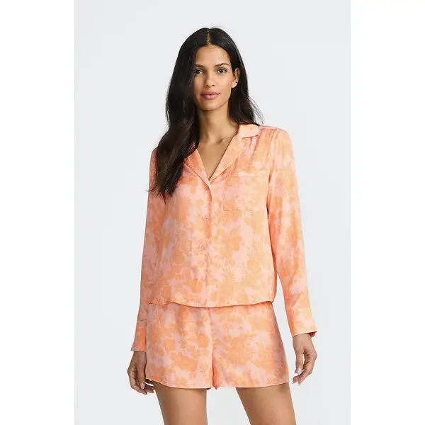 LANDS' END Matte Satin 2 Piece Pajama Setlong Sleeve Top And Shorts - Orange Mist Romantic Floral