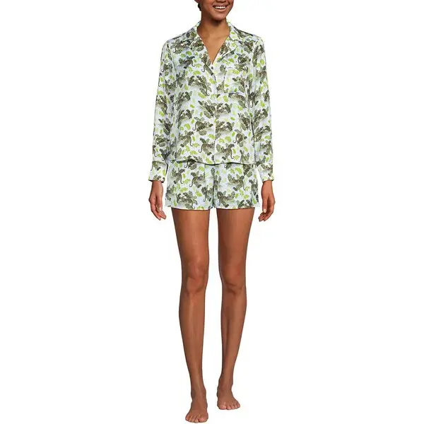 LANDS' END Matte Satin 2 Piece Pajama Setlong Sleeve Top And Shorts - White Leopards