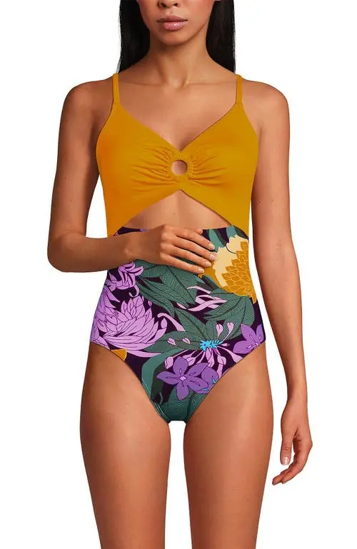 LANDS' END O-ring Cut Out One Piece Swimsuit - Dark Wine Floral Bloom/mango