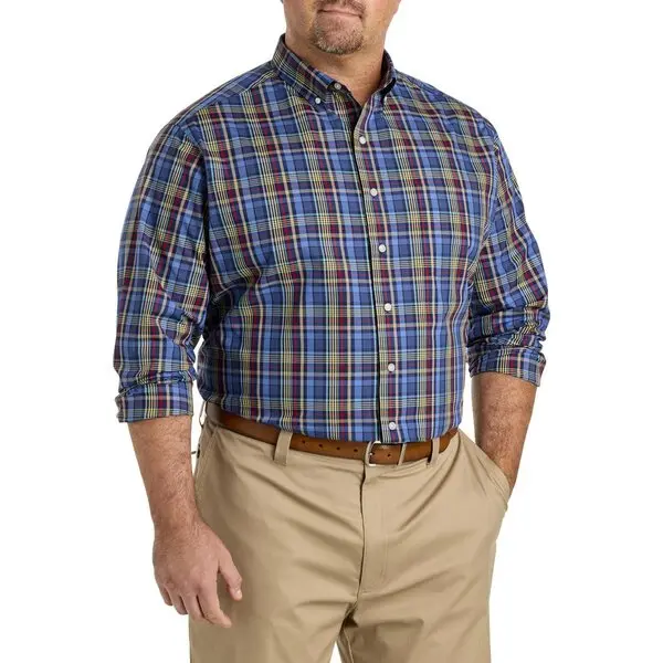OAK HILL BY DXL Big & Tall Plaid Performance Sport Shirt - Navy
