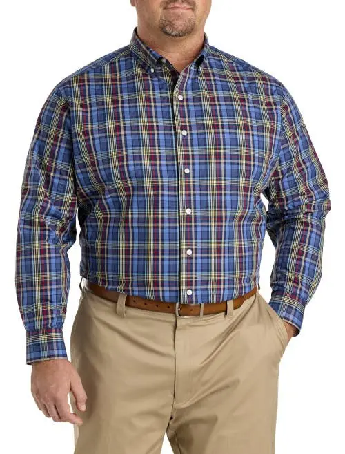 OAK HILL BY DXL Big & Tall Plaid Performance Sport Shirt - Navy
