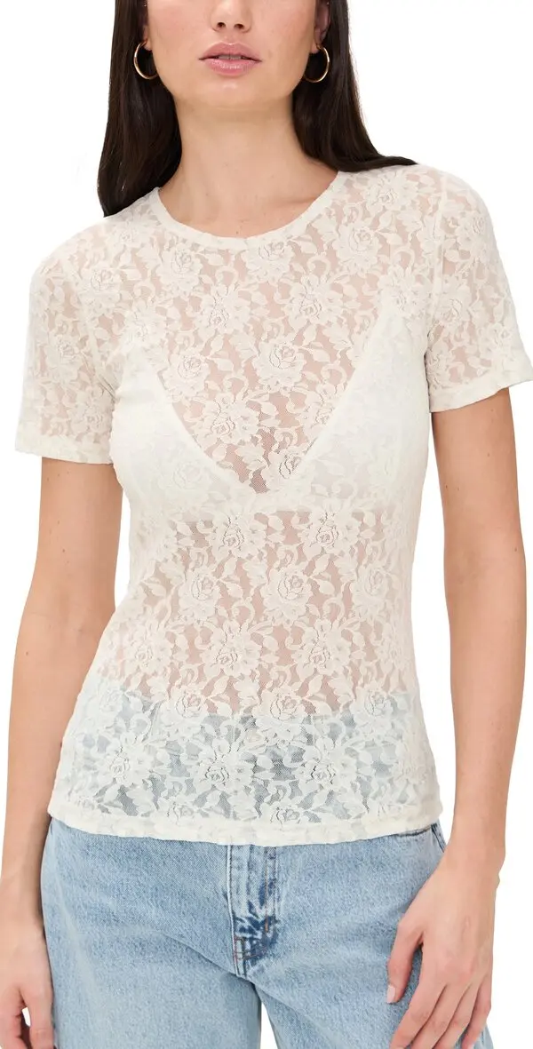 Hanky Panky Floral Lace Short Sleeve Top - Marshmallow
