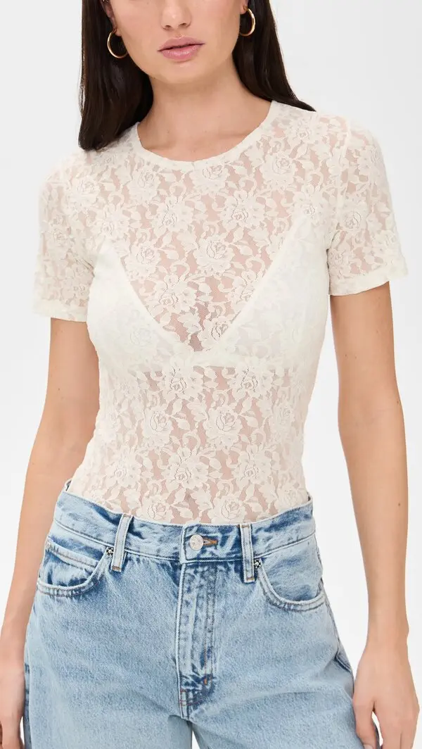 Hanky Panky Floral Lace Short Sleeve Top - Marshmallow