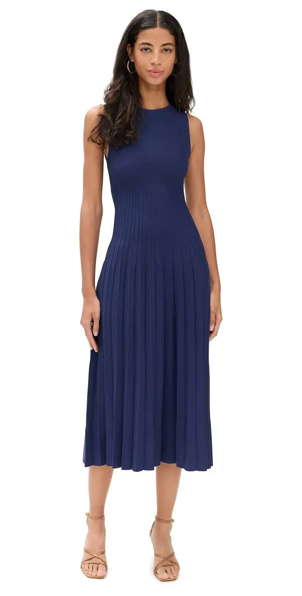 Staud Elyse Pleated Knit Midi Dress - Navy