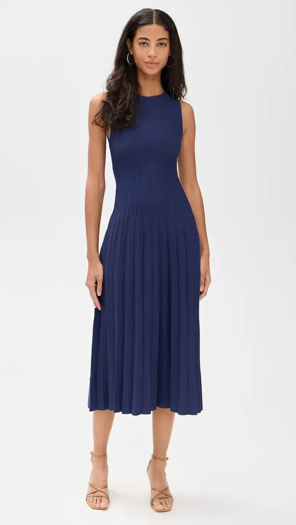 Staud Elyse Pleated Knit Midi Dress - Navy