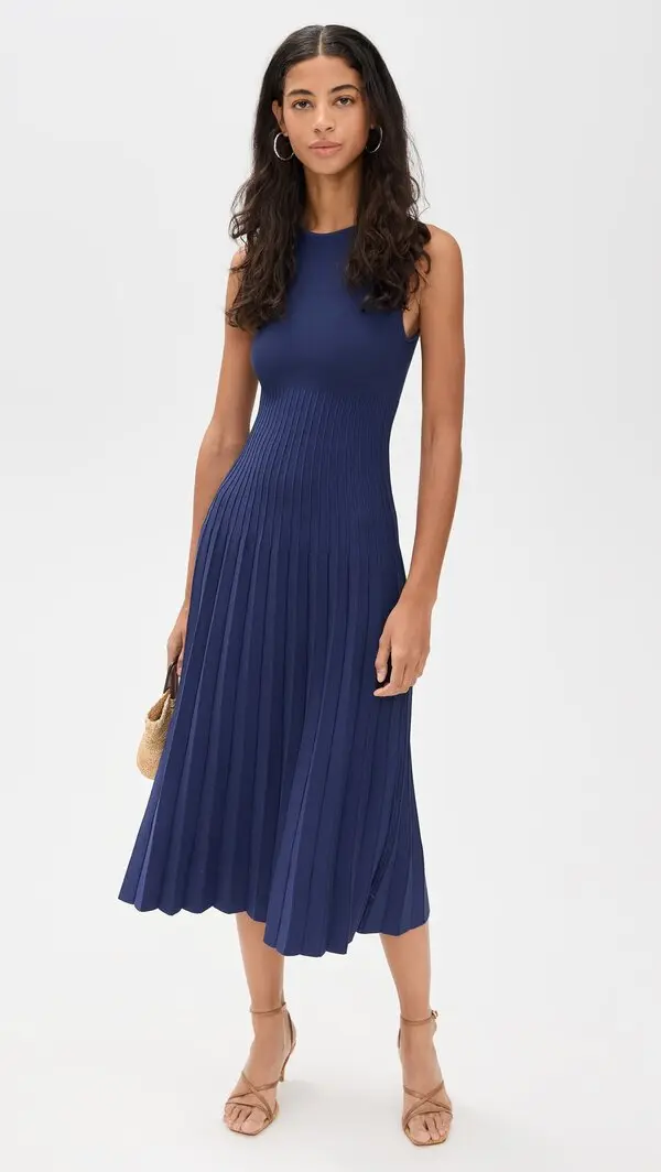 Staud Elyse Pleated Knit Midi Dress - Navy