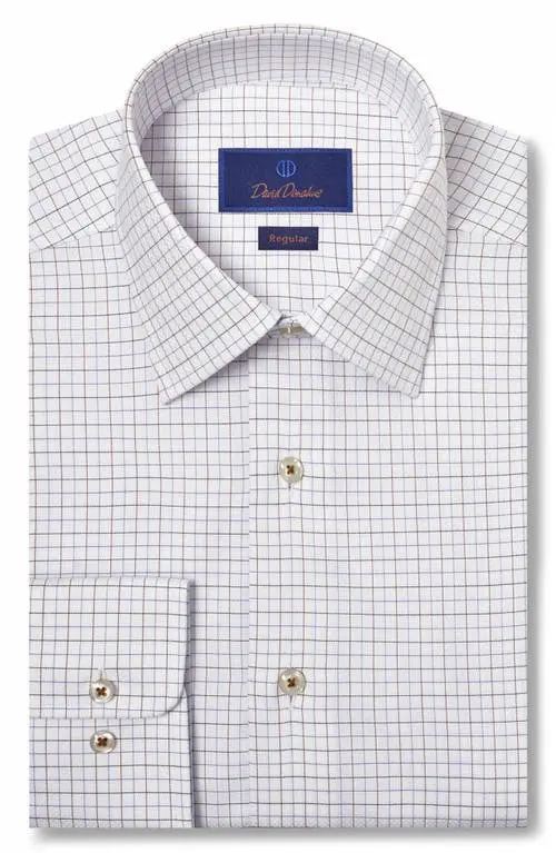 David Donahue Regular Fit Dobby Tattersall Check Dress Shirt - White/ Dune