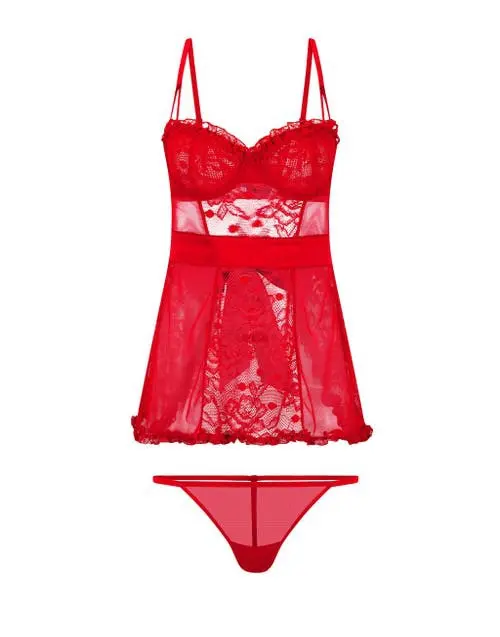 ADORE ME Etty Babydoll & G-string Set Lingerie - Dark Red