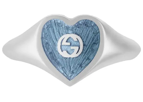 Gucci Ring With Interlocking G Enamel Heart - Silver/light Blue