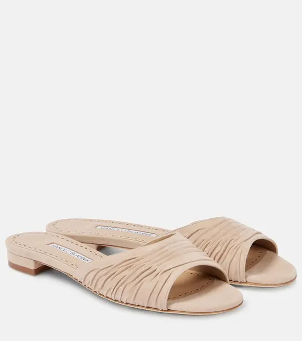 Manolo Blahnik Piruaflat 10 Suede Sandals - Beige