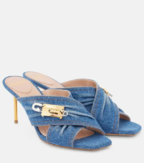 Balmain 75 Embellished Denim Mules - Blue