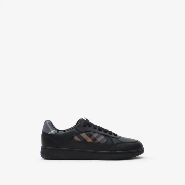 Burberry Leather And Check Terrace Sneakers - Black/wave Blue