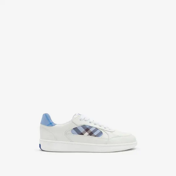 Burberry Leather And Check Terrace Sneakers - Optic White/cornflower Blue