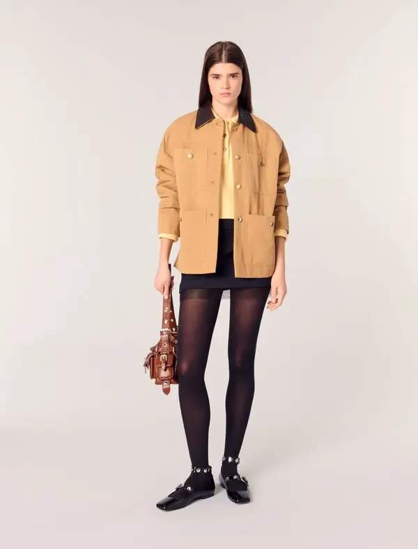 Maje Cropped Cotton Utility Jacket With Leather Collar