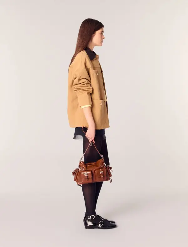 Maje Cropped Cotton Utility Jacket With Leather Collar
