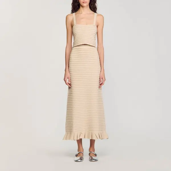 Sandro Rhinestone Knit Crop Top - Beige