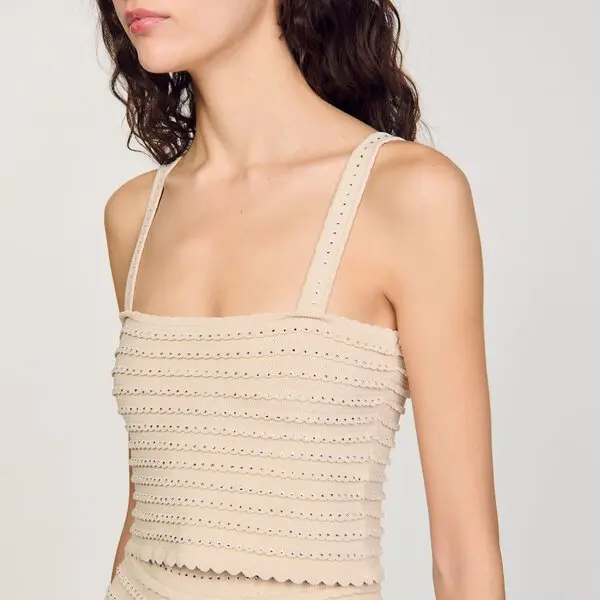Sandro Rhinestone Knit Crop Top - Beige