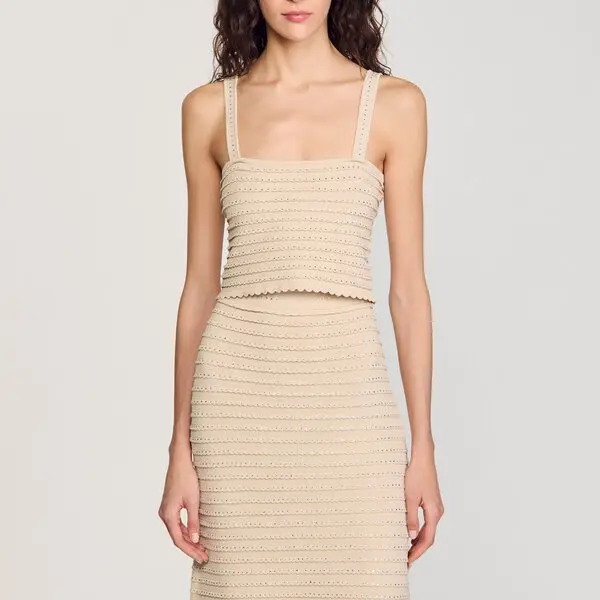 Sandro Rhinestone Knit Crop Top - Beige