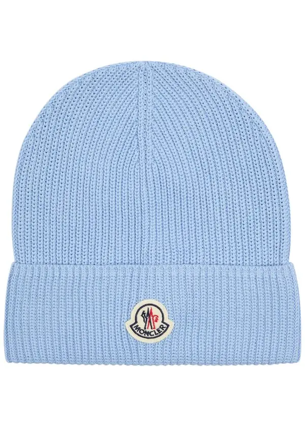 Moncler Logo Ribbed Cotton Beanie - Light Blue