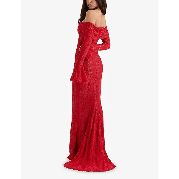 House OF CB Belle Off-Shoulder Lace Maxi Dress - Red