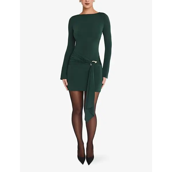 draped mini dress with ring detail Halter Neck O-Ring Drape Detail Mini Dress In Chocolate Brown | EGO US