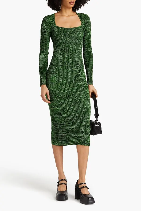 Ganni Marled Ribbed-Knit Midi Dress In Green - 70% Off | Editorialist