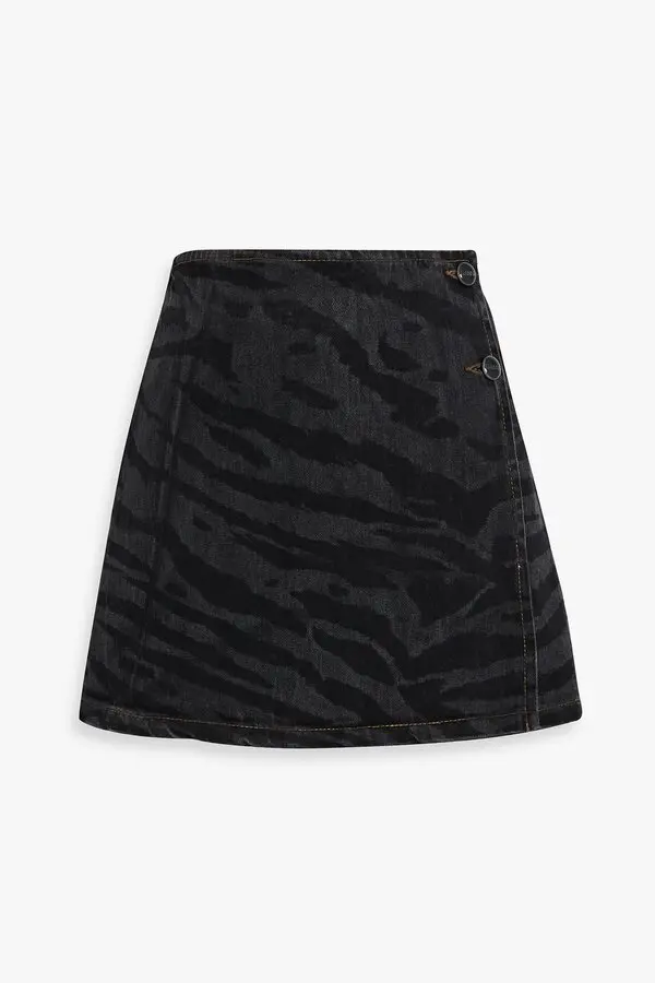 GANNI Tiger-print Denim Mini Wrap Skirt - Charcoal