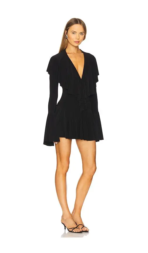 Norma Kamali Long Sleeve Deep V Ruffle Mini Dress - Black
