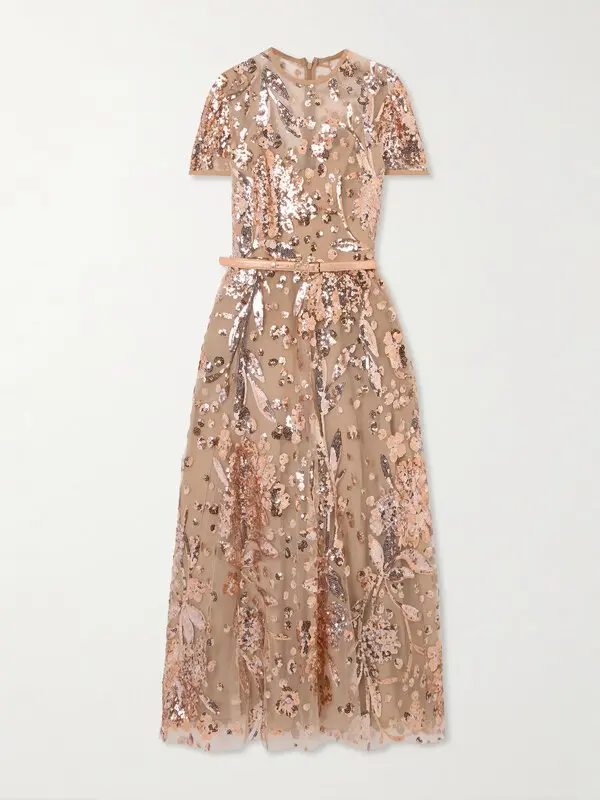 Elie Saab Belted Sequin-embellished Tulle Midi Dress - Pink