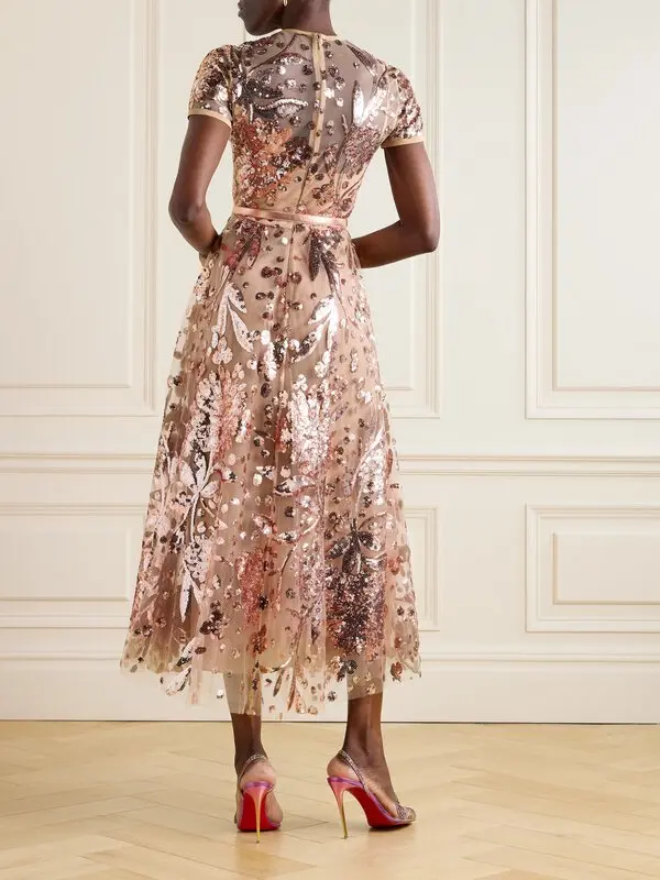 Elie Saab Belted Sequin-embellished Tulle Midi Dress - Pink
