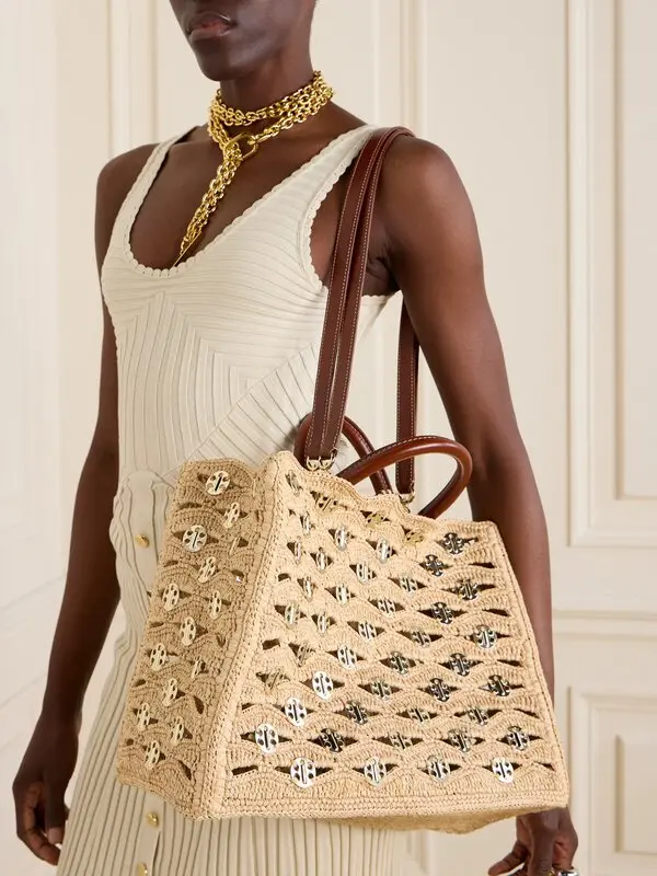 Rabanne 1969 Leather-trimmed Chainmail-embellished Raffia Tote - Neutrals