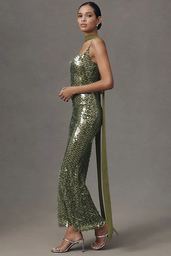 MARE MARE Kassidy Cowl-neck Stretch Sequin Maxi Dress - Olive