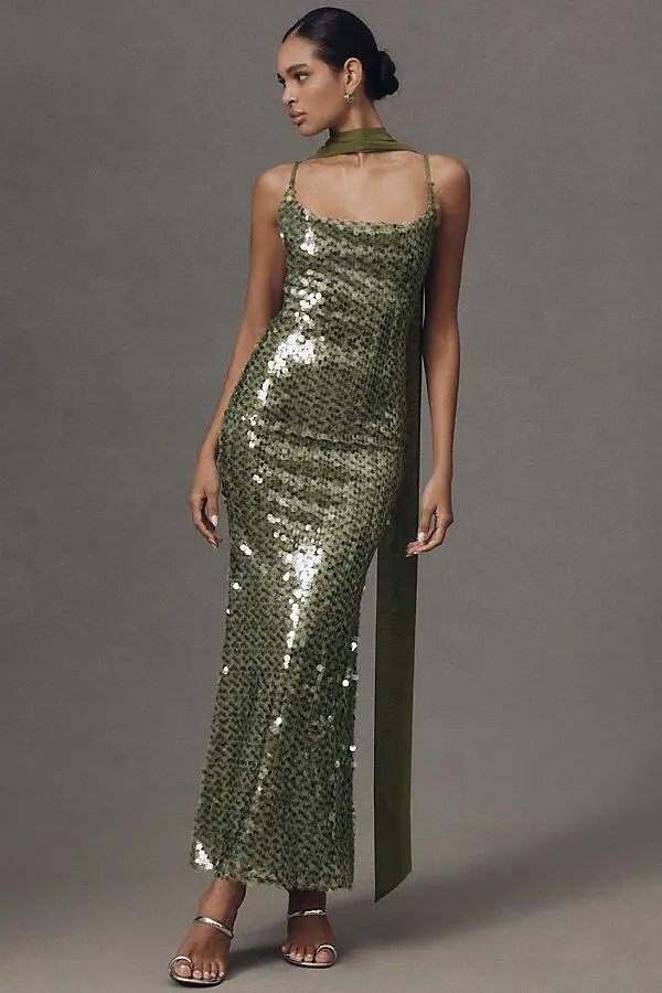 MARE MARE Kassidy Cowl-neck Stretch Sequin Maxi Dress - Olive