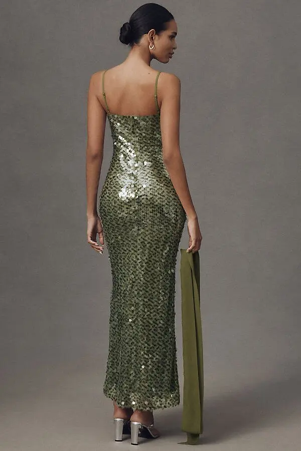 MARE MARE Kassidy Cowl-neck Stretch Sequin Maxi Dress - Olive