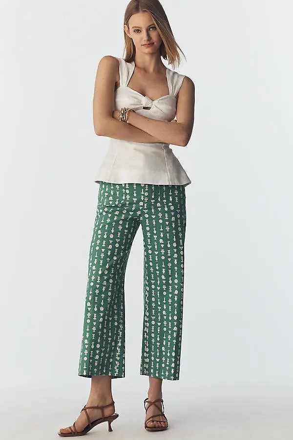 Maeve The Colette Printed Linen Blend Crop Wide-leg Pants - Green Pattern