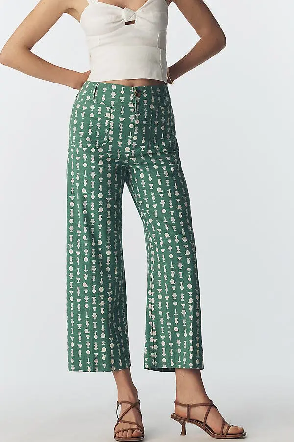 Maeve The Colette Printed Linen Blend Crop Wide-leg Pants - Green Pattern