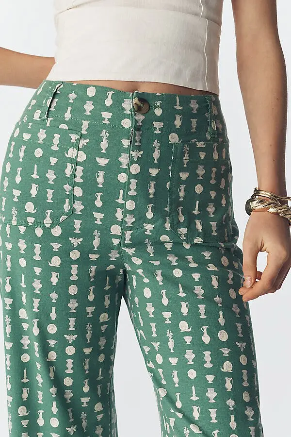 Maeve The Colette Printed Linen Blend Crop Wide-leg Pants - Green Pattern
