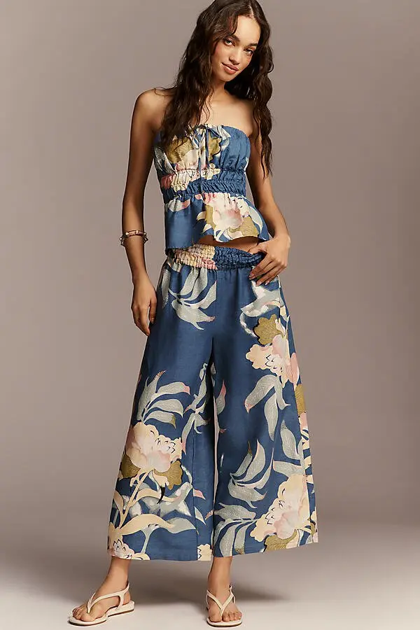 THE SOMERSET COLLECTION BY ANTHROPOLOGIE Somerset 100% Linen Pull-on Pants - Blue Pattern
