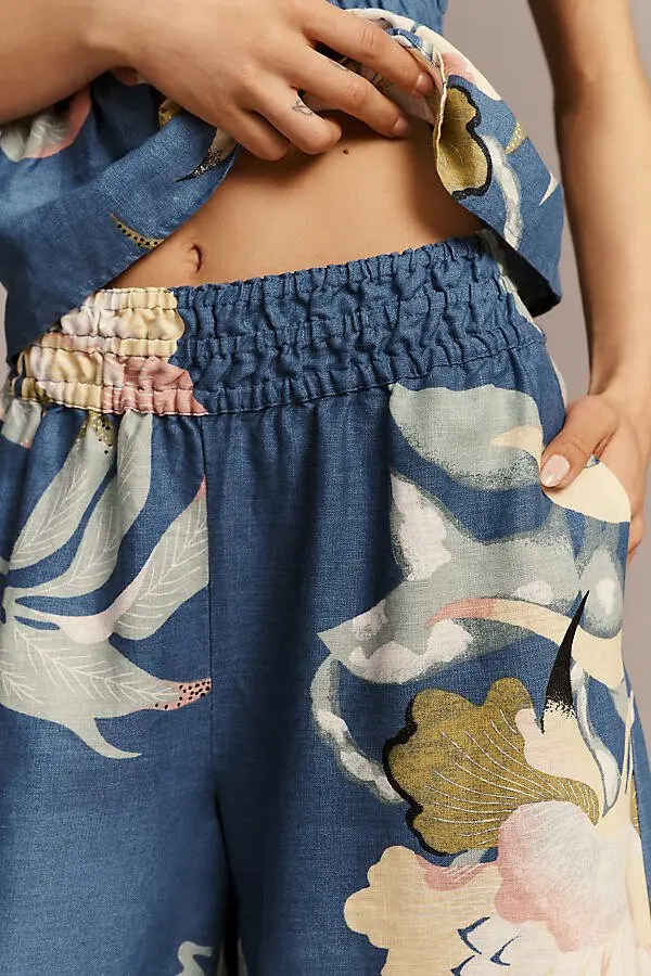 THE SOMERSET COLLECTION BY ANTHROPOLOGIE Somerset 100% Linen Pull-on Pants - Blue Pattern