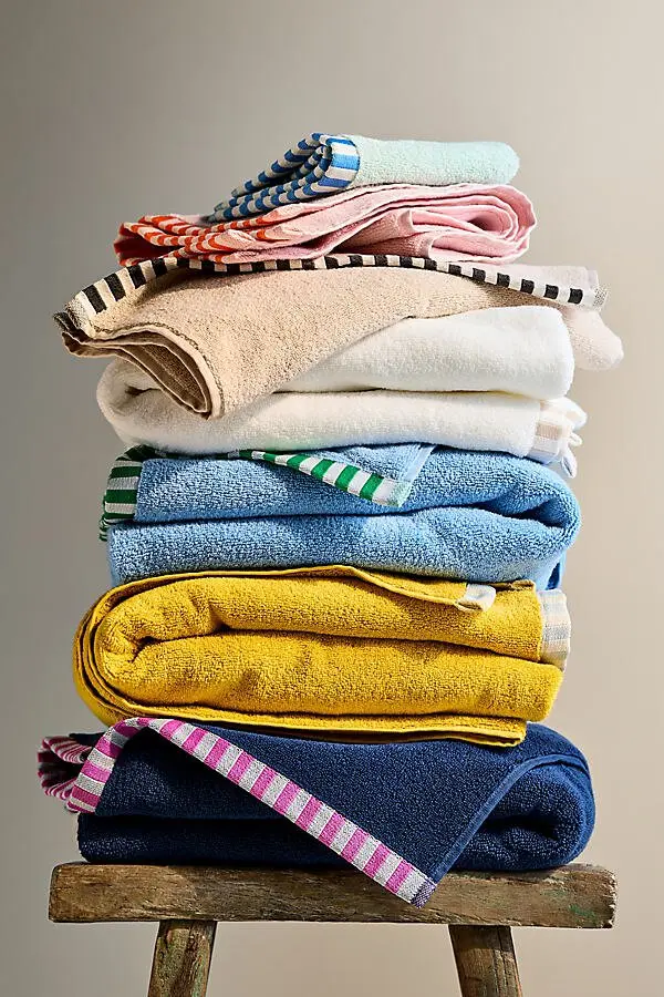 Anthropologie Sloane Stripe Trim Soft Cotton Towel Collection - White