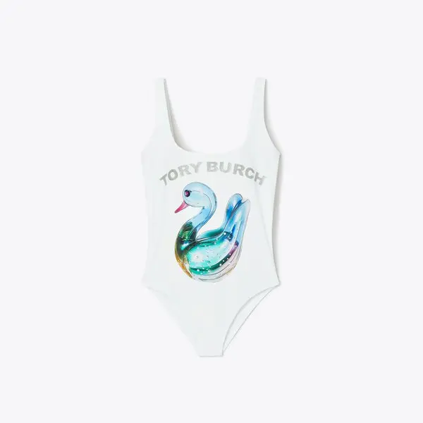 Tory Burch Lucky Duck Tank One-piece Swimsuit - White Glass Swan