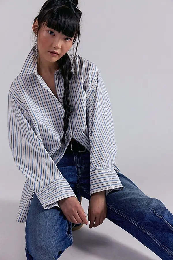 Free People Striped Articulated Shirt - Eggshell Combo