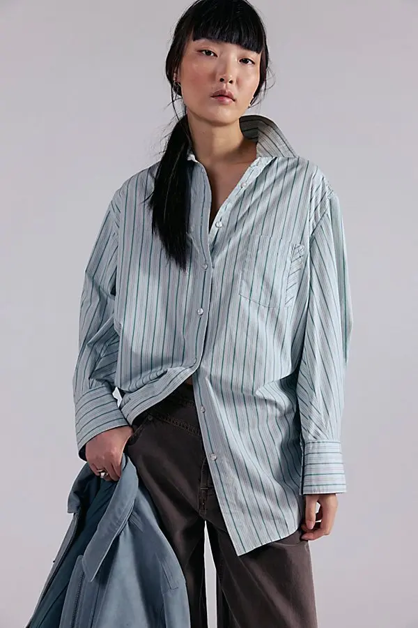 Free People Sabine Striped Articulated Shirt - Sea Foam Combo