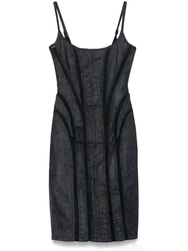 knee length dresses for ladies Here We Indigo Denim-Print Mesh Halter Maxi Dress Denim Blue / M