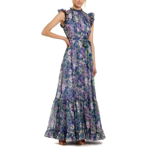 Mac Duggal Belted Floral Chiffon Ruffle Sleeve Gown - Lilac Multi