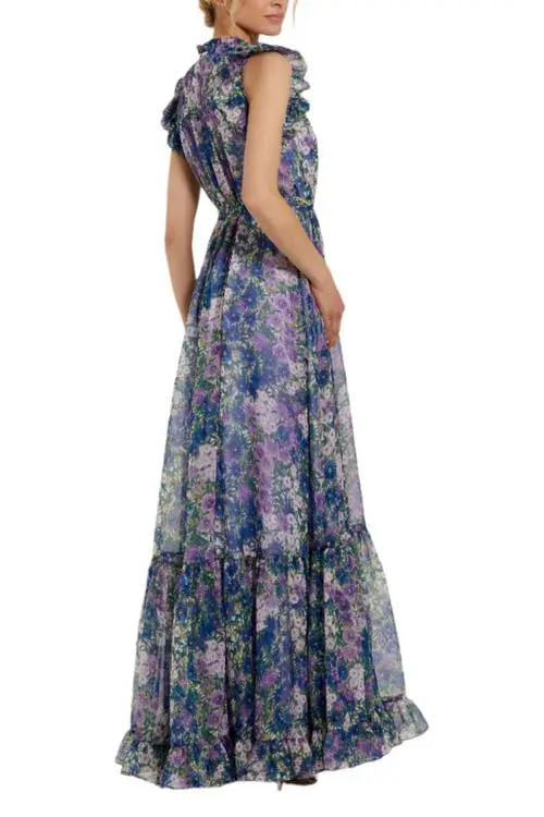 Mac Duggal Floral Chiffon Gown With Ruffle Sleeves And Belted Waist - Lilac Multi