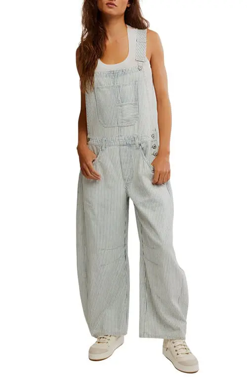 Free People Good Luck Stripe Barrel Leg Overalls - Indigo Railroad