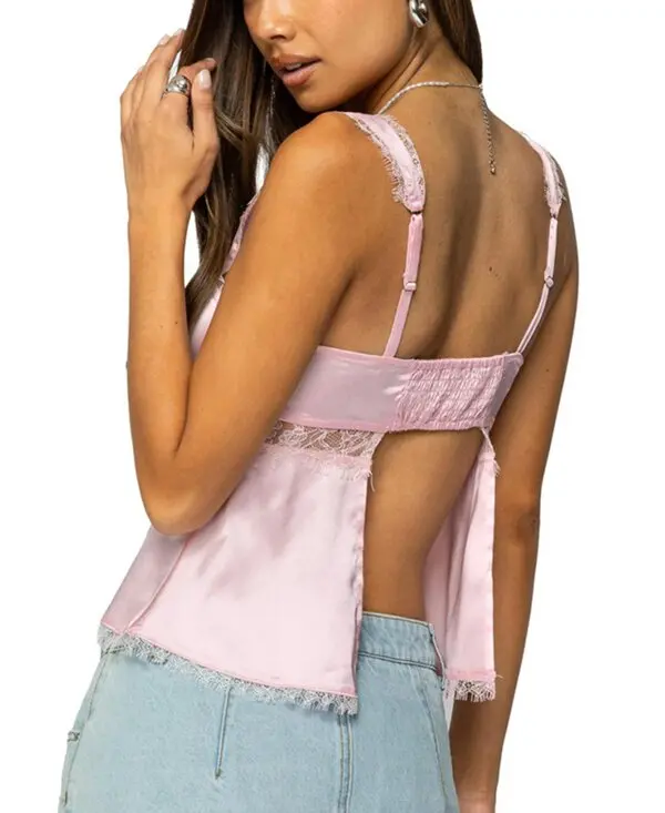 EDIKTED Loryn Lacey Satin Effect Top - Pink