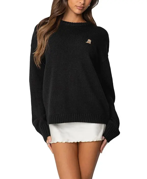 EDIKTED Puppy Love Embroidered Sweater - Black